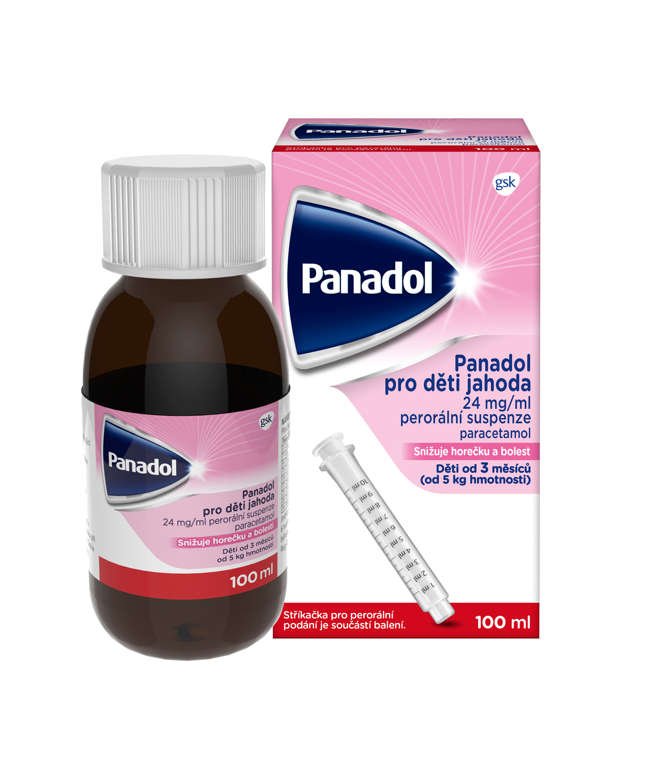 Panadol pro děti 24mg/ml Jahoda sirup ke snížení horečky u dětí 100 ml ...